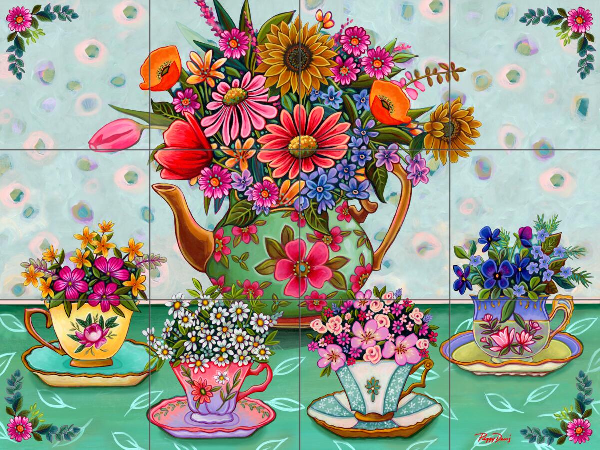 Ceramic Tile Mural Kitchen Backsplash - Garden Tea Party - Floral ...