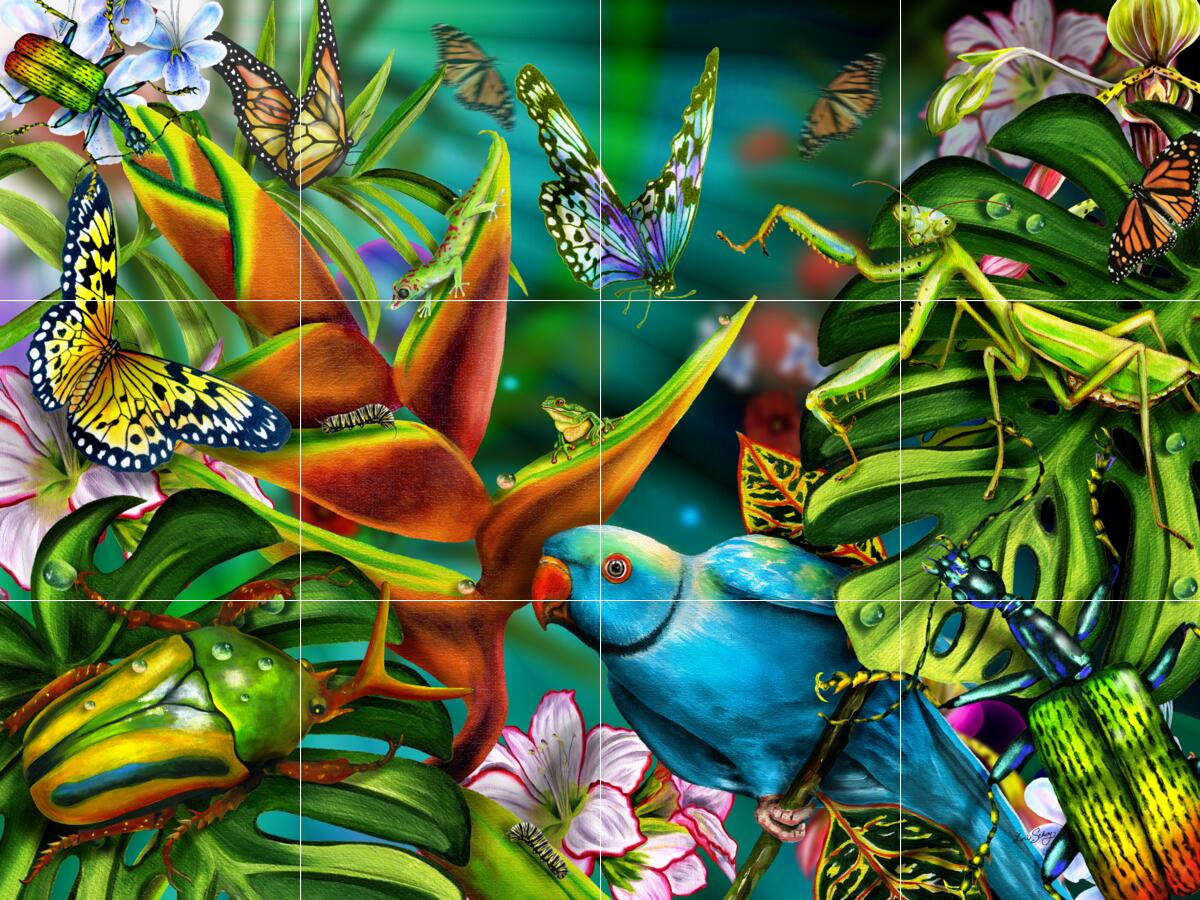 Ceramic Backsplash Tile Mural Tropical Bird - Blue Parrot and Bug ...